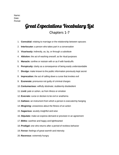 Great Expectations: Vocabulary Lists and Quizzes | Teaching Resources