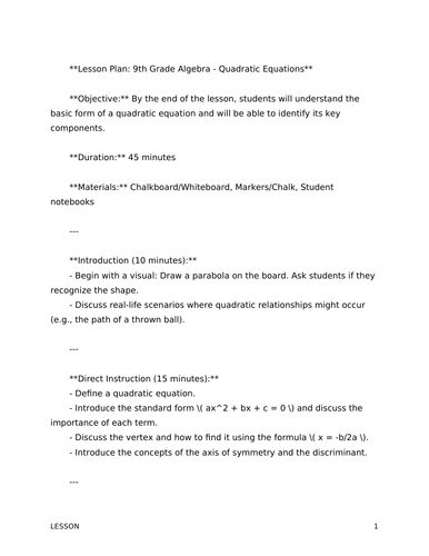 Algebra Quadratic Equations Lesson Plan, Worksheet, Answers Bundle ...