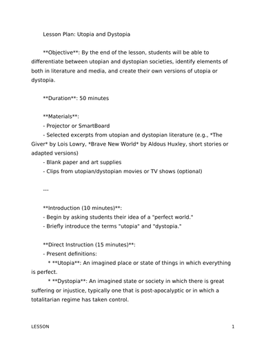 Utopia and Dystopia Lesson Plan 6th-8th Grade | Teaching Resources