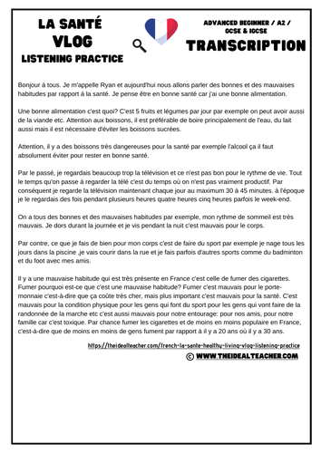 Health GCSE French Listening Practice | Teaching Resources