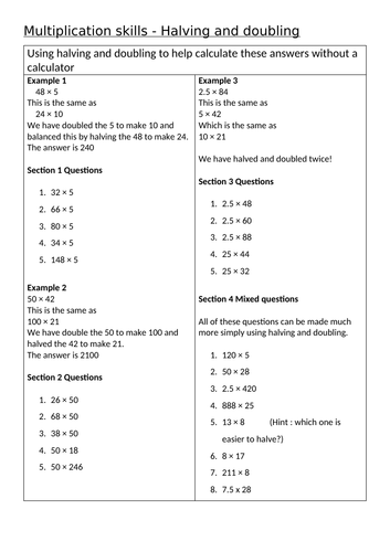 Multiplication Skills - Halving and Doubling | Teaching Resources