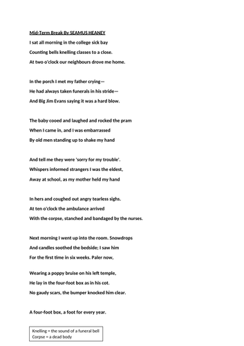 Mid-term break - Seamus Heaney - analytical writing using GCSE style ...