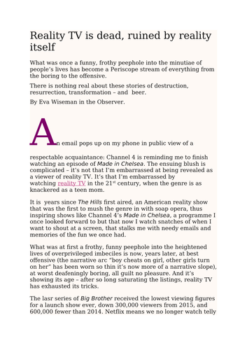 Truman Show & Reality TV SOW - 12 lessons | Teaching Resources