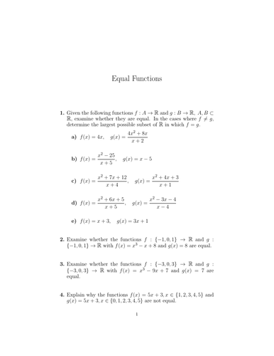 Equal Functions Worksheet (with solutions) | Teaching Resources