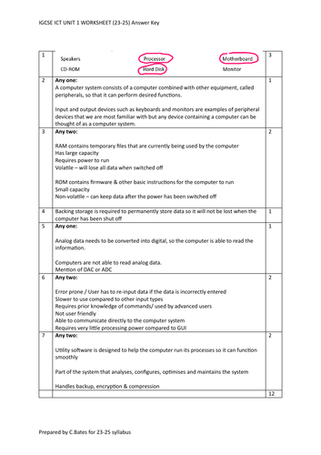 Igcse Ict Unit 1 Worksheet 1 1 And Answer Key Teaching Resources