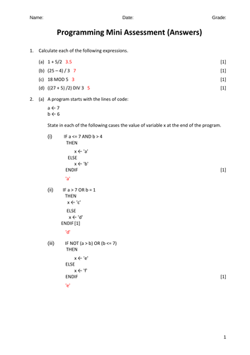 iGCSE Computer Science - Unit 8 Programming Mini Assessment | Teaching ... iGCSE Computer Science - Unit 8 Programming Mini Assessment | Teaching ...