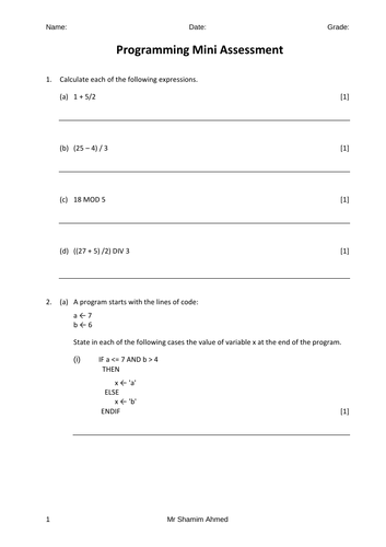 iGCSE Computer Science - Unit 8 Programming Mini Assessment | Teaching ... iGCSE Computer Science - Unit 8 Programming Mini Assessment | Teaching ...