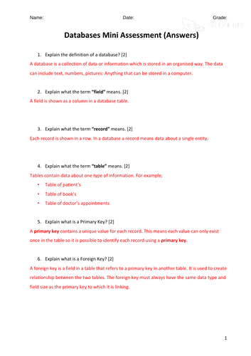 Igcse Computer Science Unit 9 Databases Mini Assessment Teaching