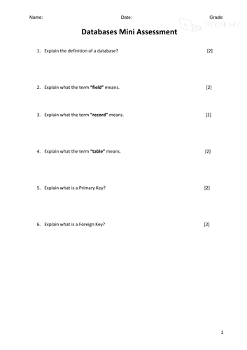 Igcse Computer Science Unit 9 Databases Mini Assessment Teaching Resources