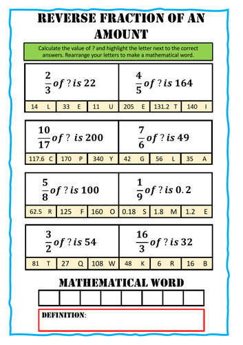 Fractions of an amount - reverse - find the hidden word | Teaching ...