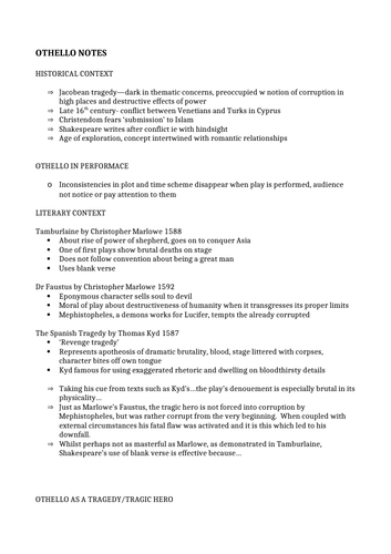 A-Level AQA English - Othello Context & Character Notes | Teaching ...