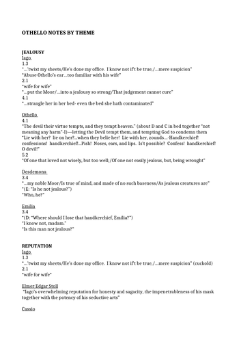 A-Level AQA English - Othello Quotes & Critics (by theme) | Teaching ...