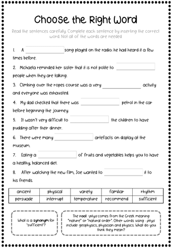 Year 5 and 6 Curriculum Spelling Activity - Choose the Right Word ...