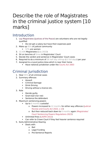 A-Level Law: Magistrates 10 Mark Essay + Model + Plan (Eduqas English ...
