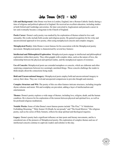 John Donne - Ordinary Level Poetry Notes | Teaching Resources