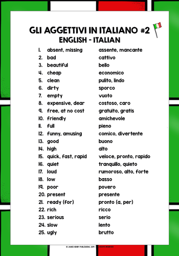 ITALIAN ADJECTIVES LIST FREEBIE #2 | Teaching Resources