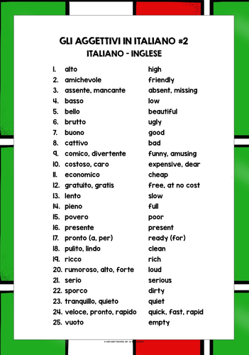 ITALIAN ADJECTIVES LIST FREEBIE #2 | Teaching Resources