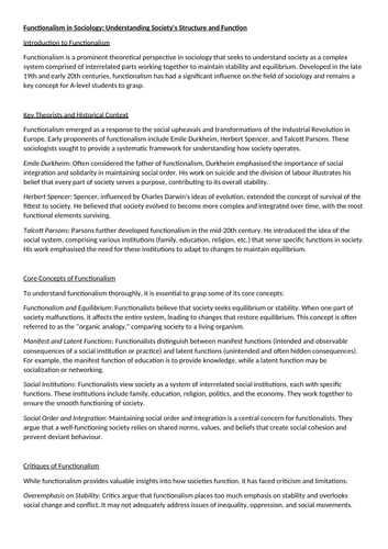 Introduction to Functionalism Sociology | Teaching Resources