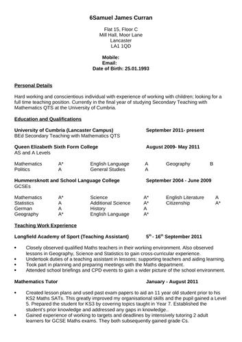 Model Academic GCSE/A Level Student CV | Teaching Resources