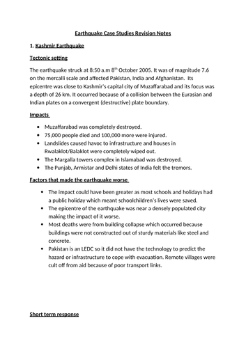 A Level Geography Earthquake Case Study Revision Notes | Teaching Resources