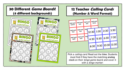 Telling Time to the Half Hour BINGO GAME | Matching Activity | Teaching ...