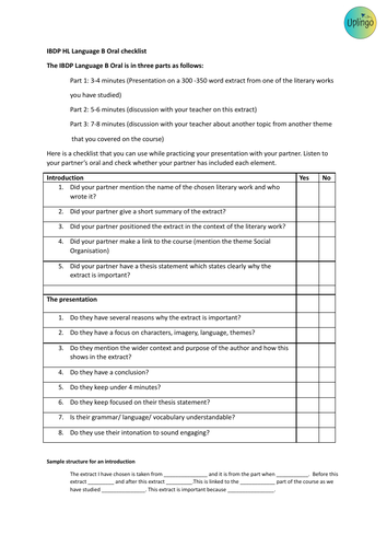 IBDP Language B HL Oral Check List | Teaching Resources