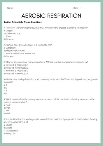 Worksheet Aerobic Respiration (Biology 9700 A Level) | Teaching Resources