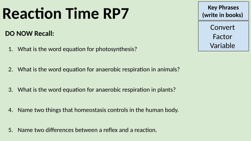 AQA GCSE Biology B5 RP7 reaction time | Teaching Resources