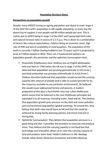 A Level Geography Population Revision Notes | Teaching Resources