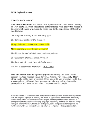 iGCSE English Literature revision notes Level 9 "Things Fall Apart ...