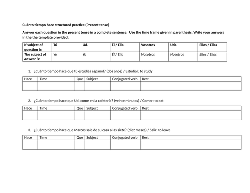 Cuánto tiempo hace structured practice (Present tense) | Teaching Resources