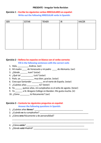 Presente Irregular Verbs Revision | Teaching Resources