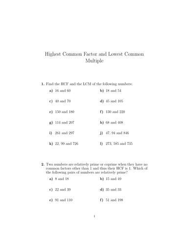 Highest Common Factor and Lowest Common Multiple Worksheet (with ...