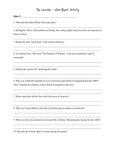 Pre-reading - Salem Witch Trials Web-Quest | Teaching Resources