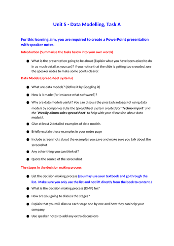 BTEC LEVEL 3 IT - Unit 5: Data Modelling Assignment A | Teaching Resources