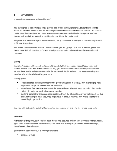 Printable Survival Role-Playing Game | Teaching Resources