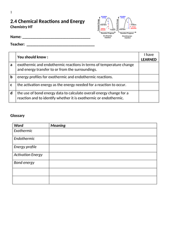 Booklet - WJEC Chemistry Unit 2 - 2.4 Chemical Reactions | Teaching ...