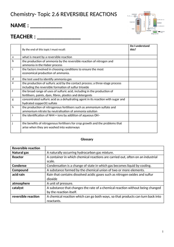 Booklet - WJEC Chemistry Unit 2 - 2.6 Reversible Reactions | Teaching ...