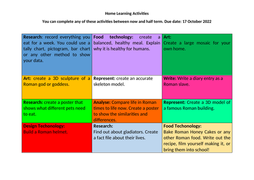Homework Grid - Home Learning activities | Teaching Resources