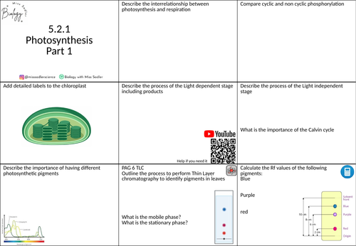 5.2.1 Photosynthesis revision grid OCR A level Biology | Teaching Resources