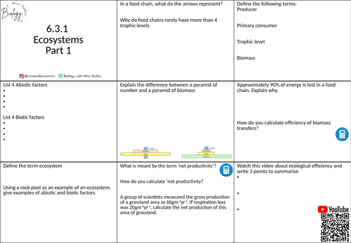 6.3.1 Ecosystems revision grid OCR A level Biology | Teaching Resources