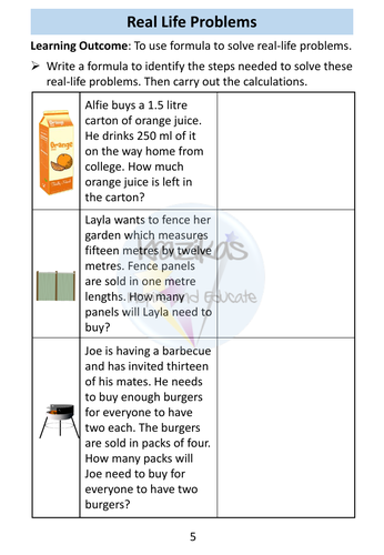 Formula Workbook - Level 1 Maths Functional Skills | Teaching Resources