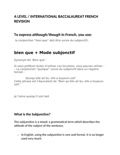 A Level French Revision Notes on 'Bien que' + the subjunctive mood ...