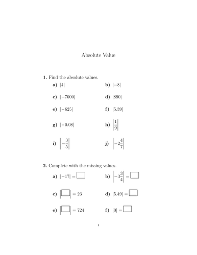 Absolute Value Worksheet No 2 (with solutions) | Teaching Resources