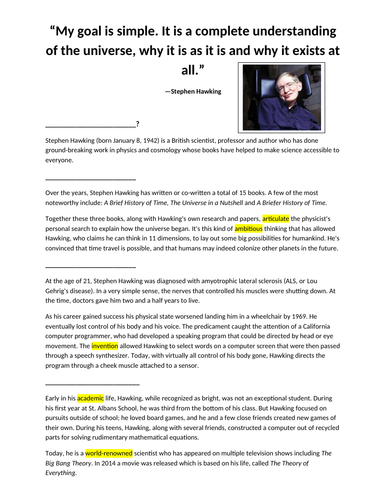 Stephen Hawking Biography Unit of Work | Teaching Resources
