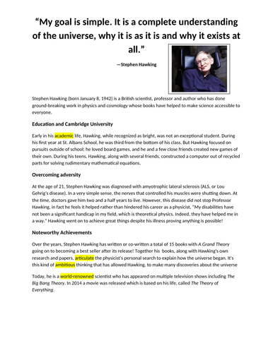 Stephen Hawking Biography Unit of Work | Teaching Resources