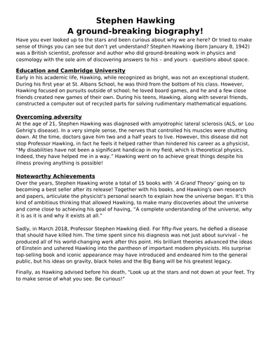 Stephen Hawking Biography Unit of Work | Teaching Resources