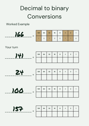 Decimal-to-Binary worksheet pack | Teaching Resources