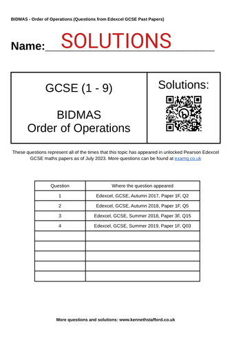 BIDMAS (Order of operations). GCSE Maths Past Paper Questions ... BIDMAS (Order of operations). GCSE Maths Past Paper Questions ...