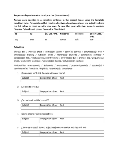 Ser personal questions structured practice (Present tense) | Teaching ...